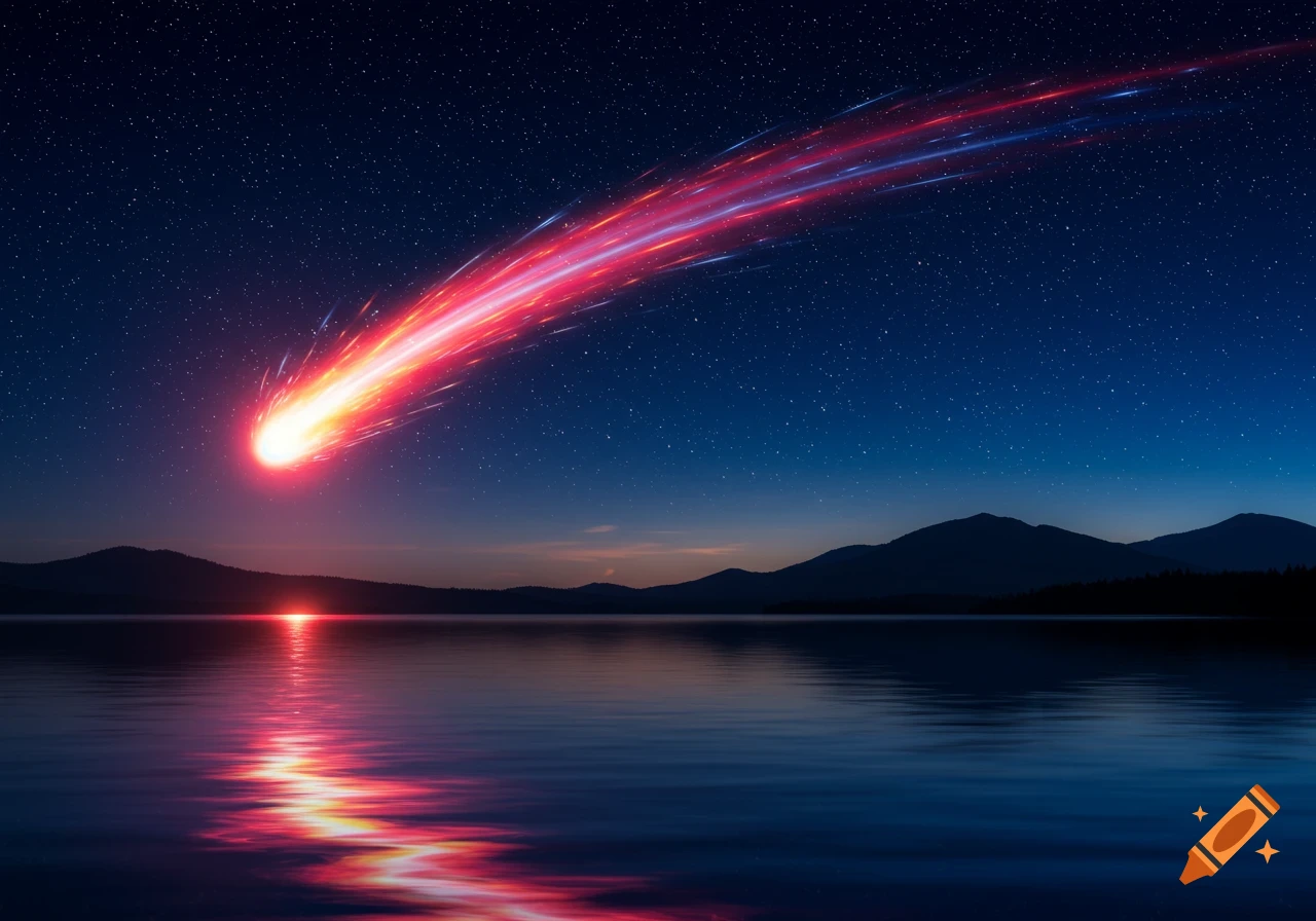 A fiery comet with a red and orange tail streaks across a starry night ...