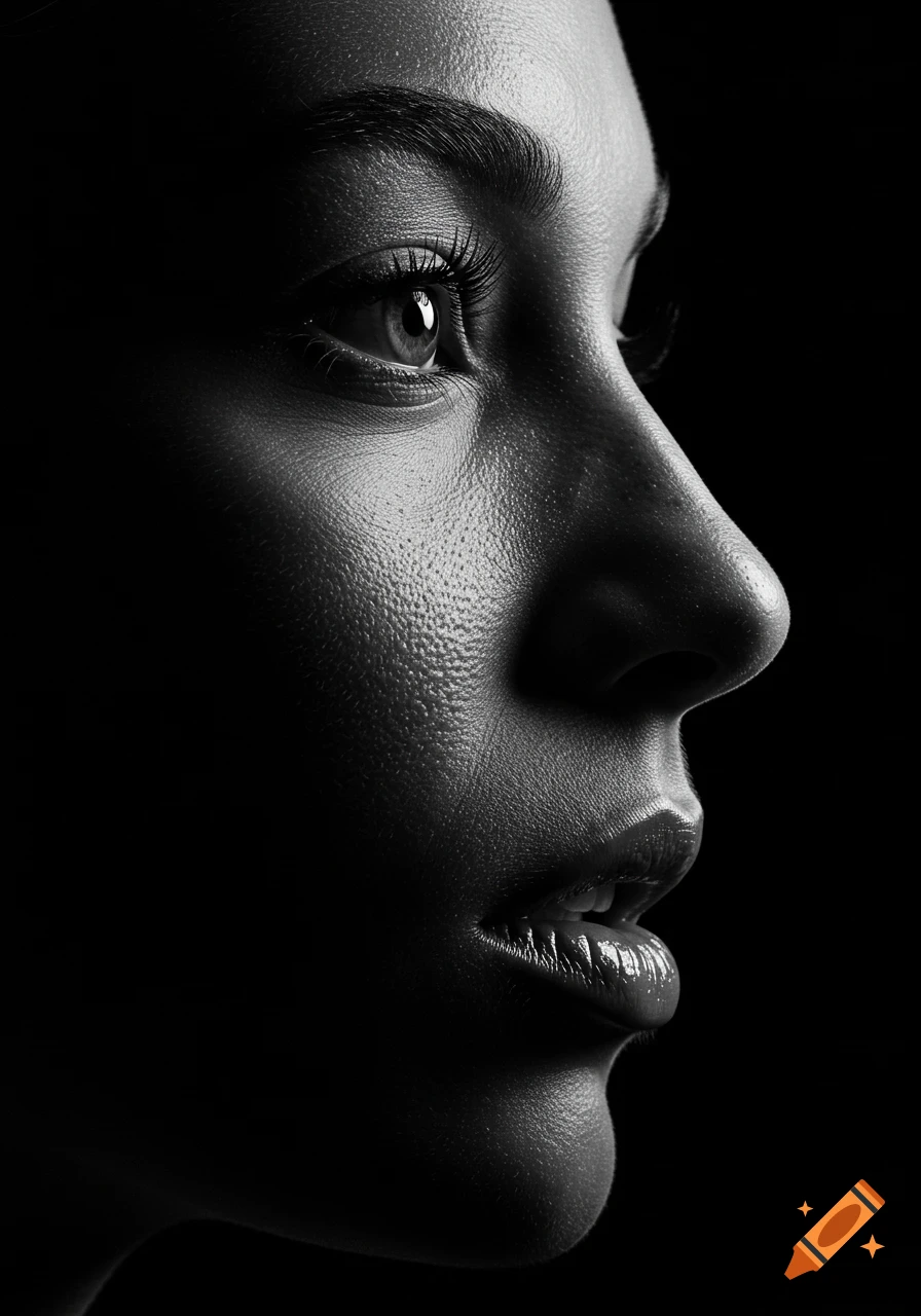 Dramatic black and white close-up portrait of a woman's face in profile ...