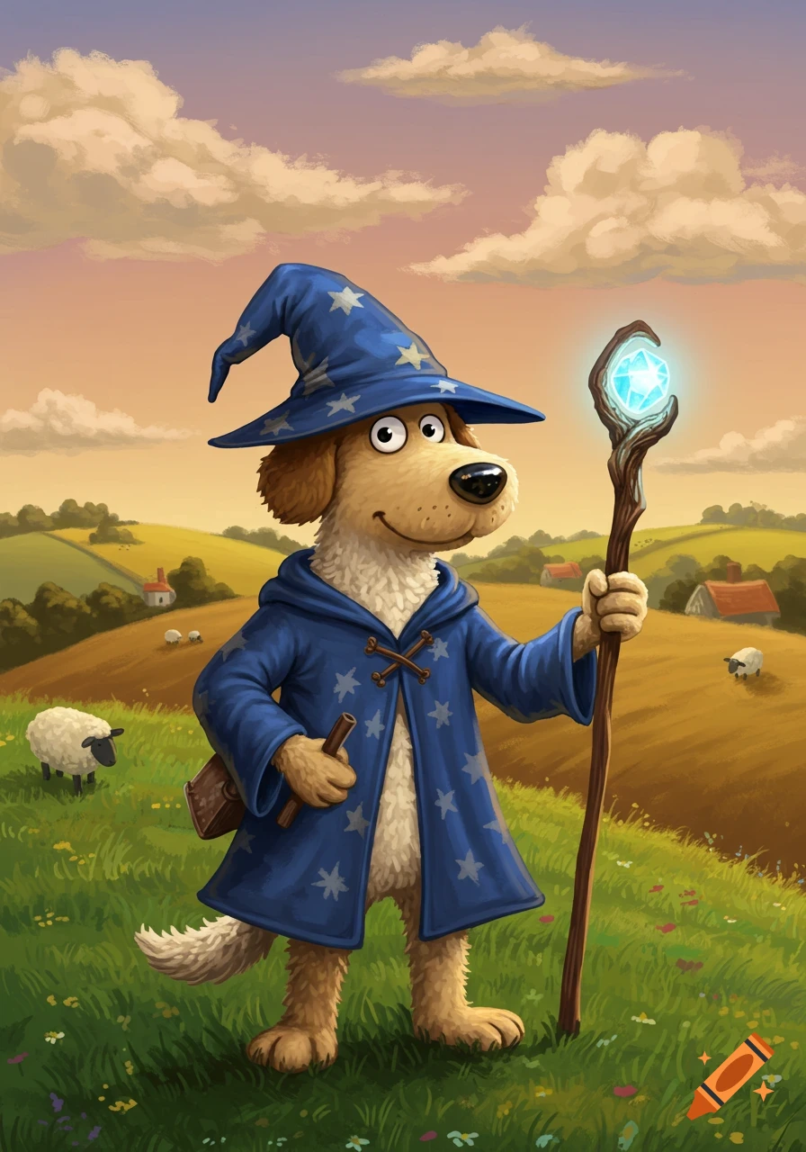 A cartoon dog dressed as a wizard, wearing a blue hat and robe with ...