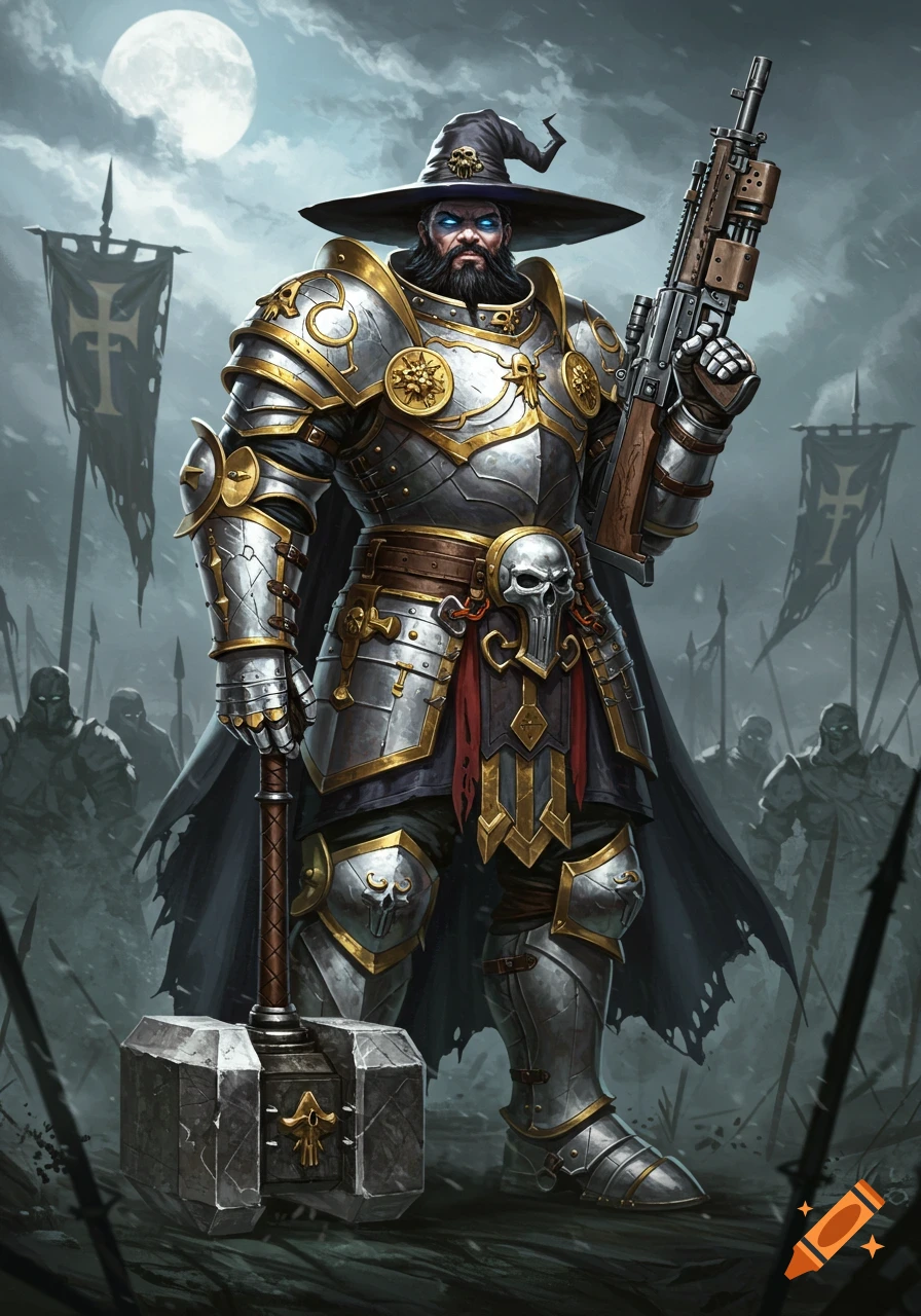 A muscular paladin in ornate silver and gold armor and a wizard hat ...