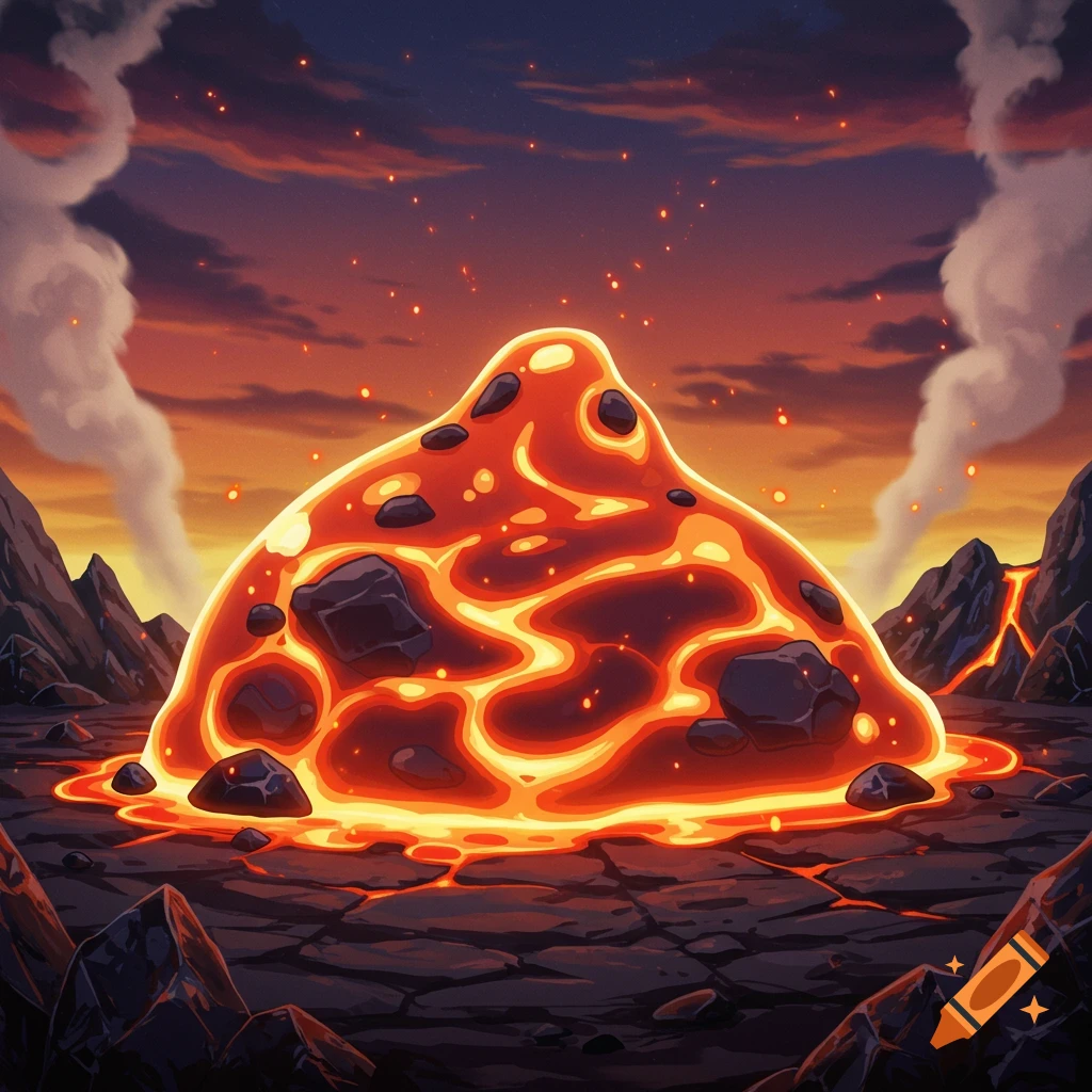 A large, glowing magma slime sits on a volcanic landscape under a fiery ...