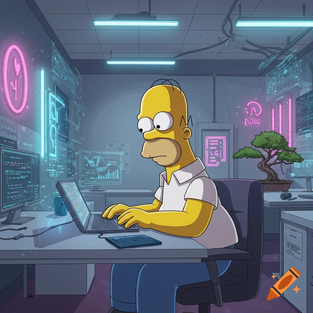 Homer Simpson works on a laptop at a futuristic, neon-lit office desk ...