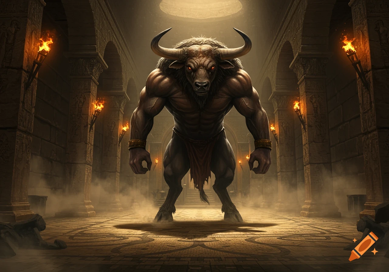 A powerful, muscular minotaur stands in a dark, torch-lit ancient stone ...
