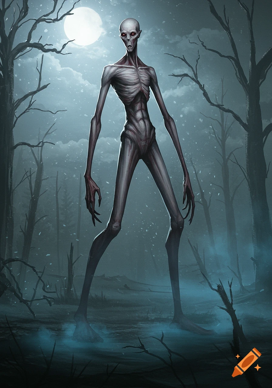 A tall, pale, skeletal creature with red eyes stands in a dark, misty ...