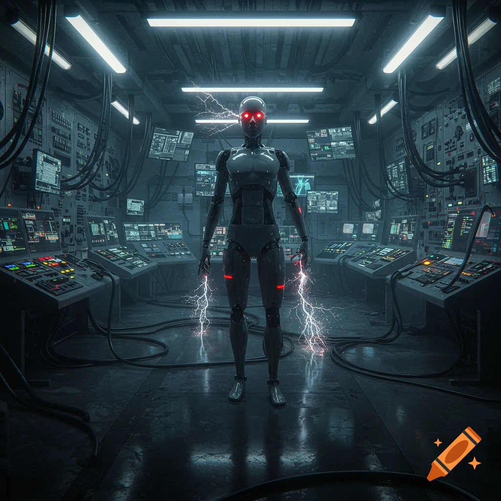 A menacing dark robot with glowing red eyes and electricity sparking ...