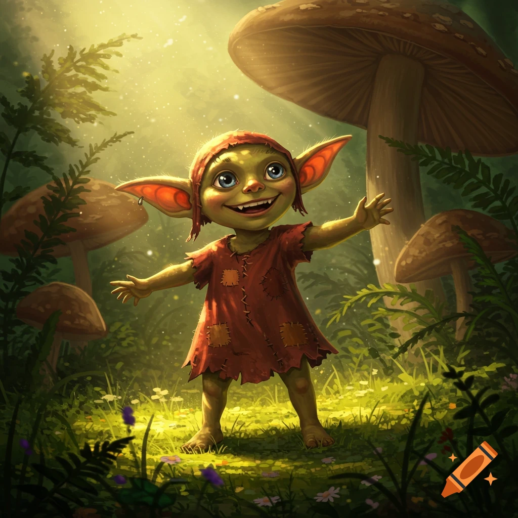 A cute, smiling green goblin with large ears and a ragged red tunic ...