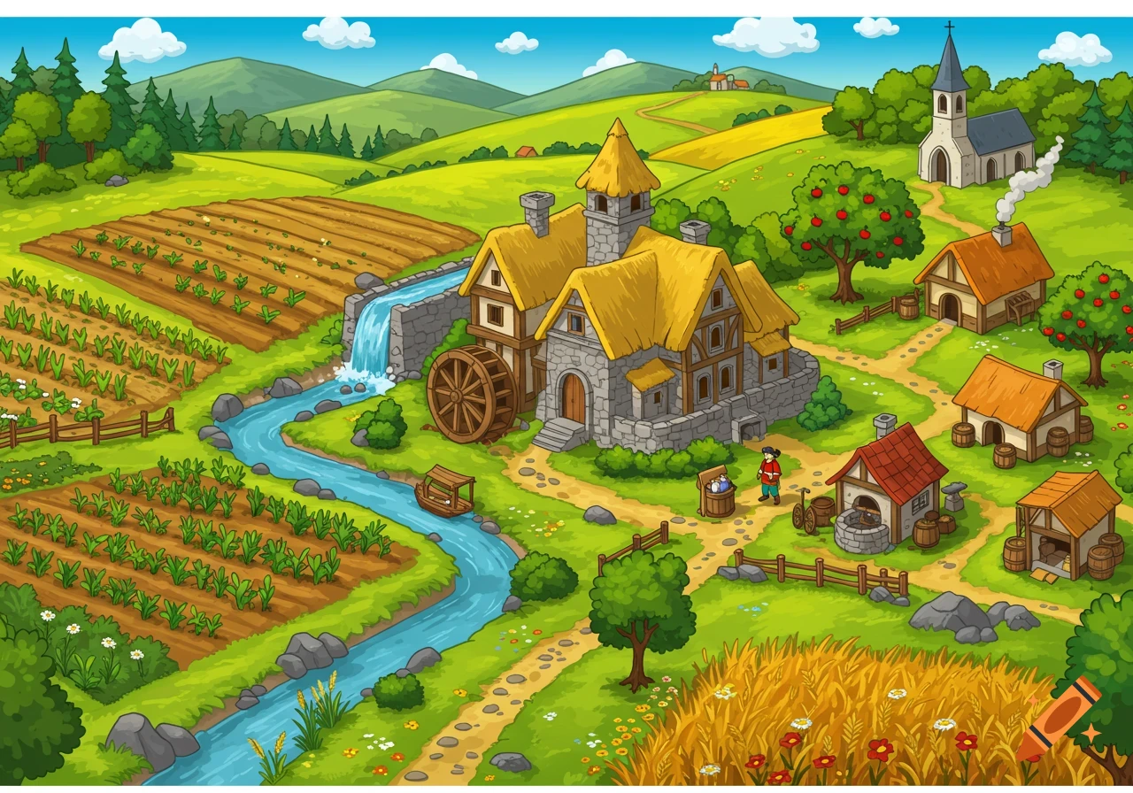 A vibrant cartoon medieval village with a manor house, watermill ...