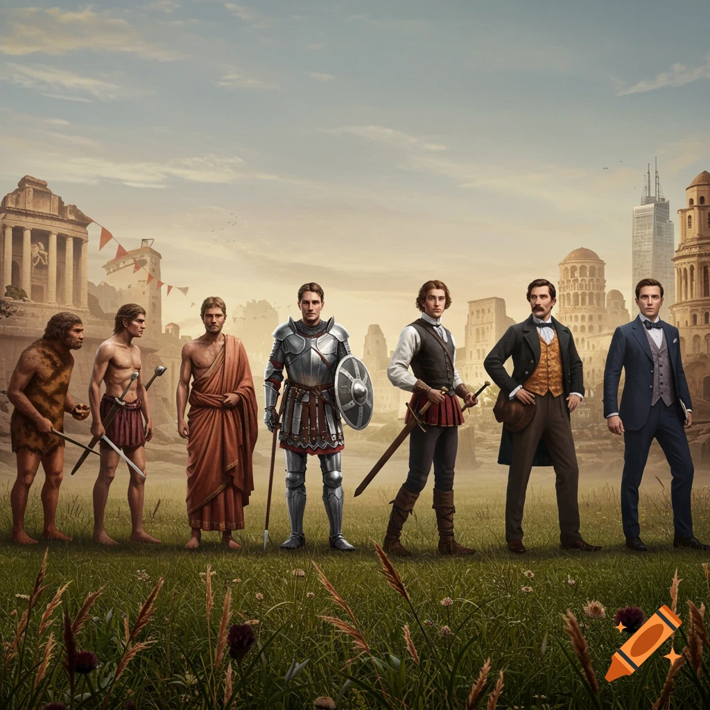 A line of six men illustrating the evolution of human clothing, from a ...