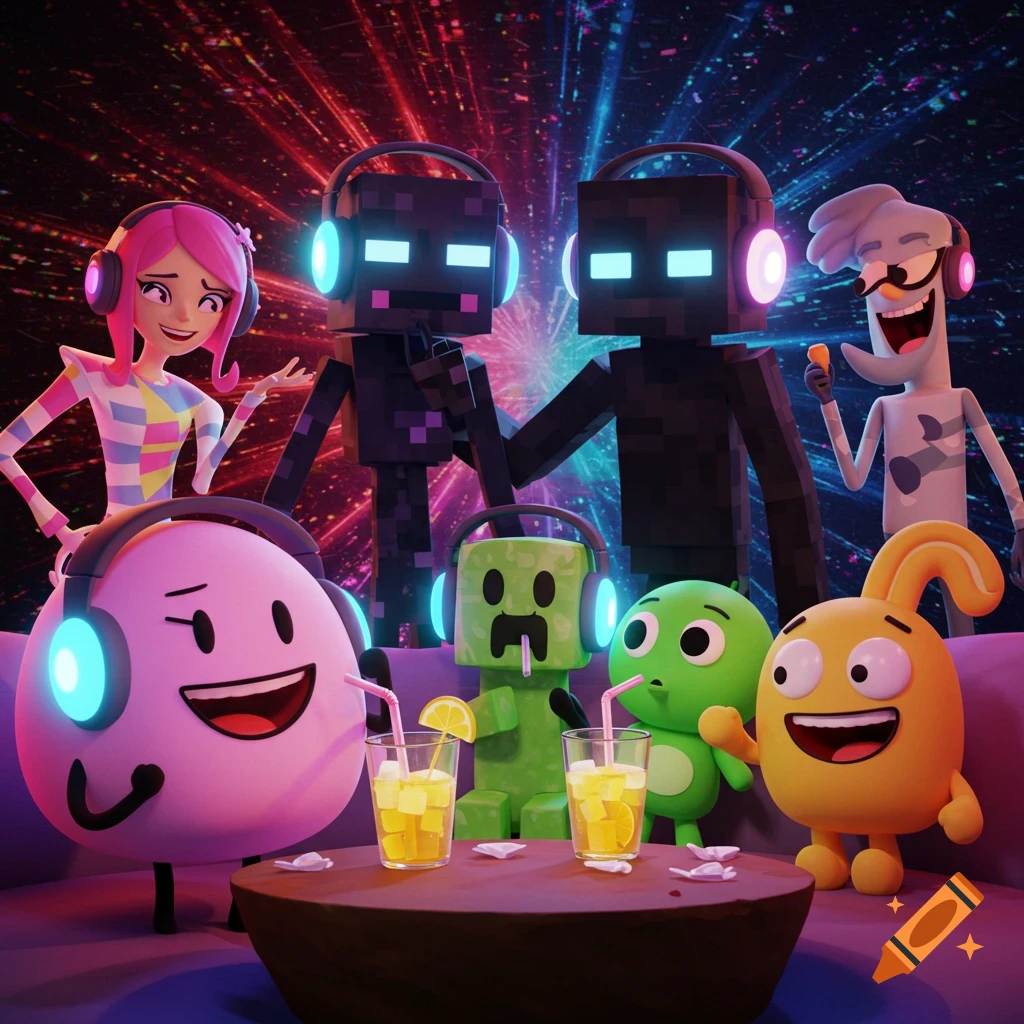 Cartoon characters, including Minecraft Endermen and Creeper, wearing ...