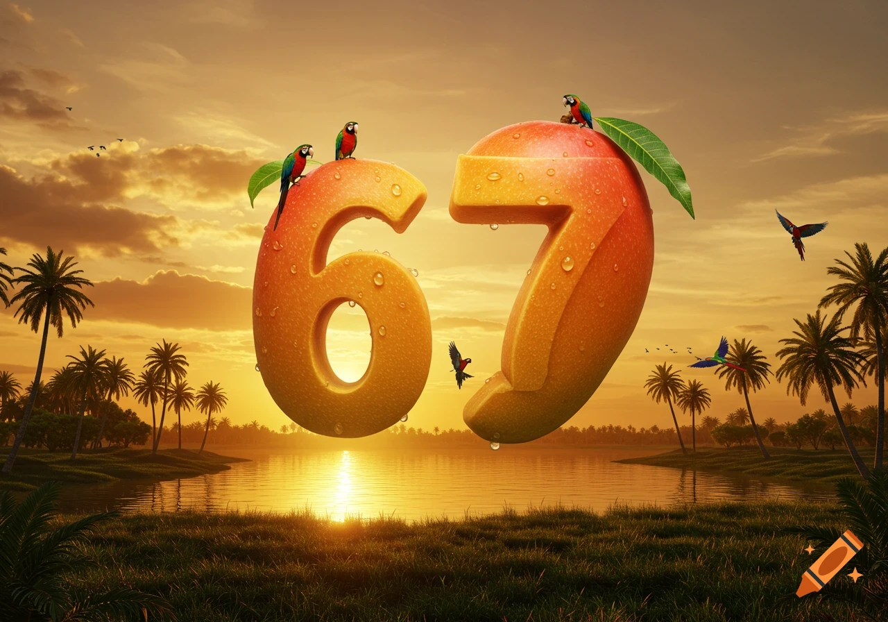 Large mango-shaped numbers '67' float over a tropical lake at sunset ...