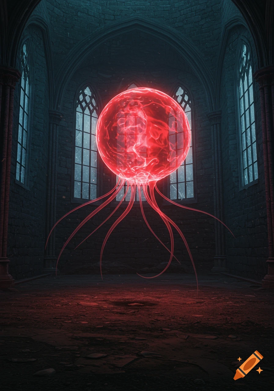 A glowing, translucent red energy orb with long tentacles floats in a ...