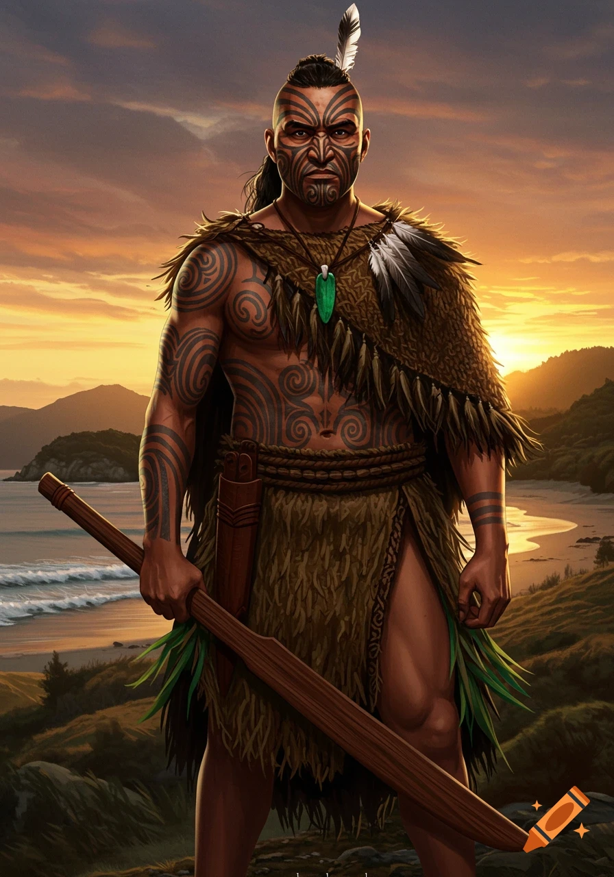 An illustrated Maori warrior with full face moko and traditional attire ...