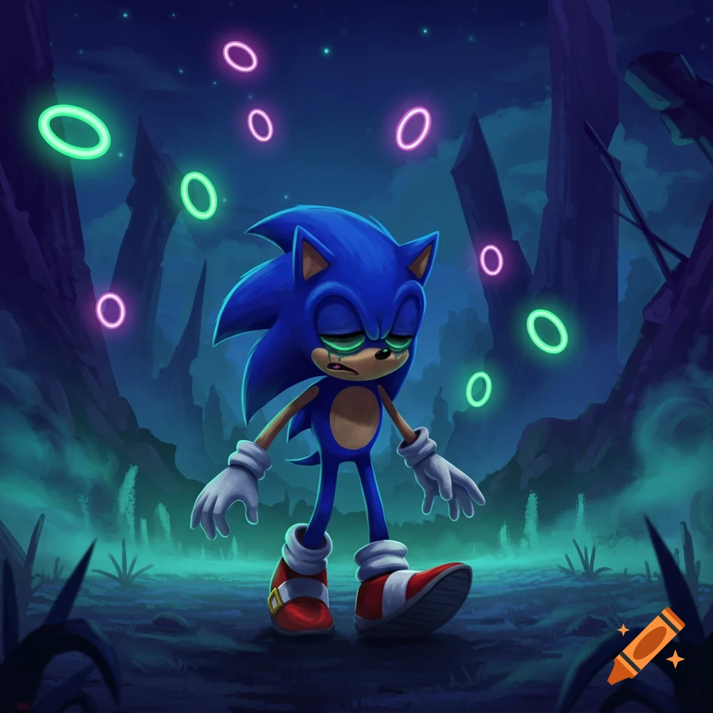 Tired, sleepwalking Sonic the Hedgehog with glowing rings in a dark ...