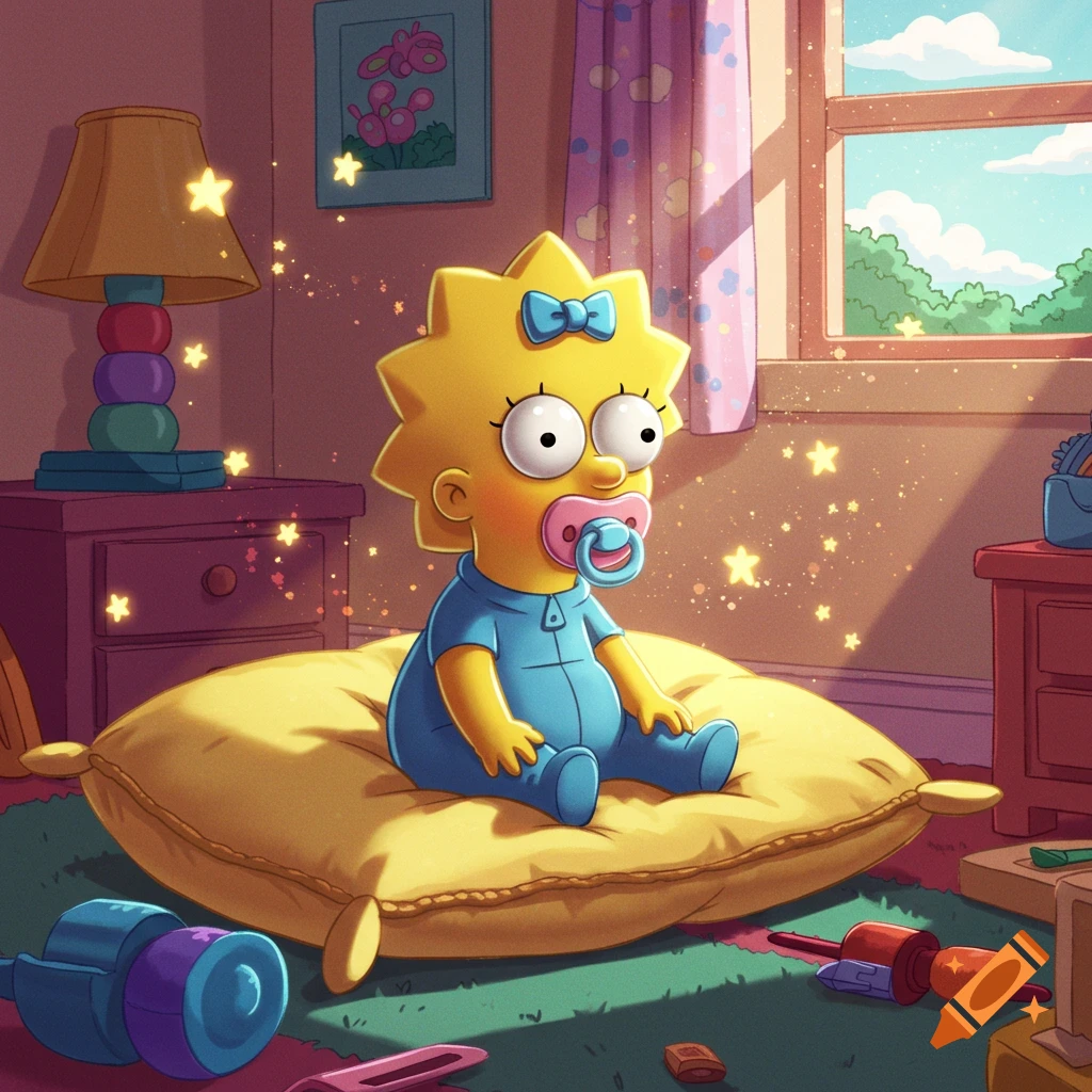 Maggie Simpson as a baby, wearing a blue onesie and holding a pacifier ...