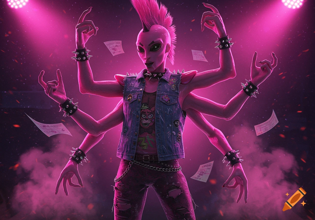 A pink-skinned alien with a punk mohawk, six arms, and spiky wristbands ...