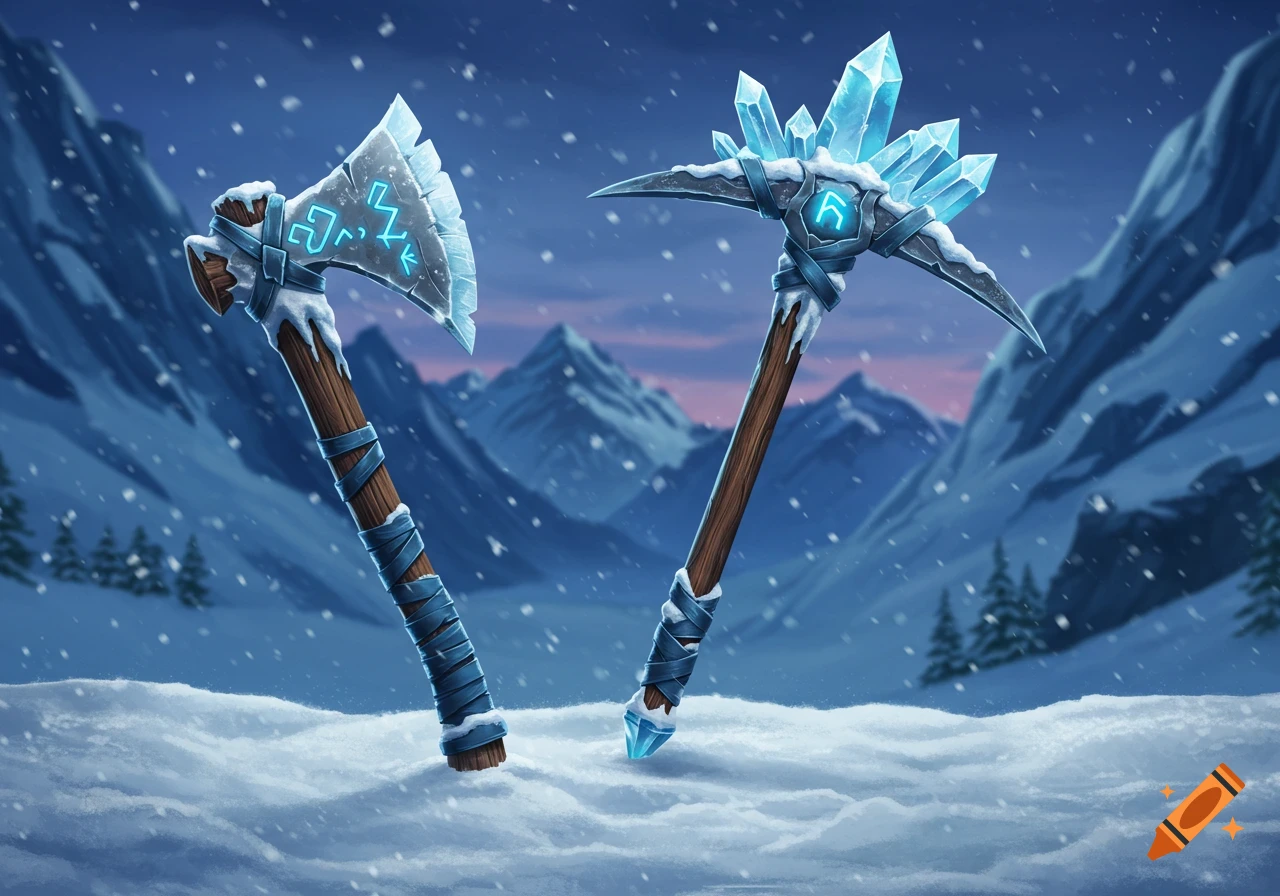 Detailed stylized ice axe and pickaxe with glowing runes in a snowy ...