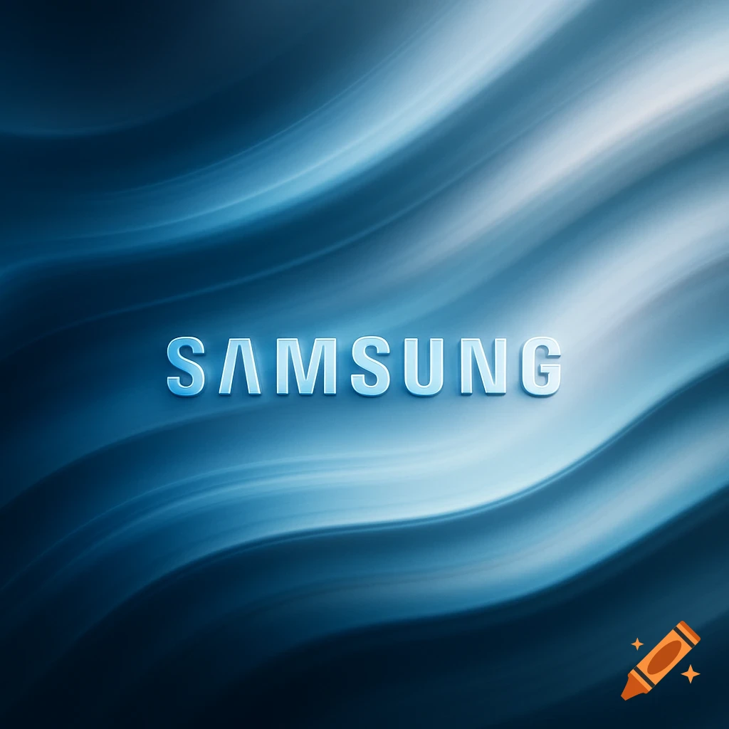 SAMSUNG logo in light blue on a background of swirling blue abstract ...