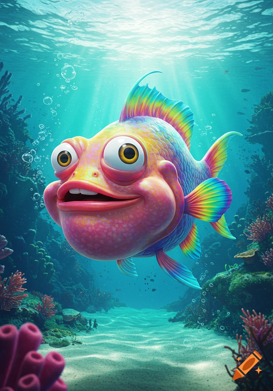 A vibrant, cartoonish, funny-looking fish with big eyes smiles ...