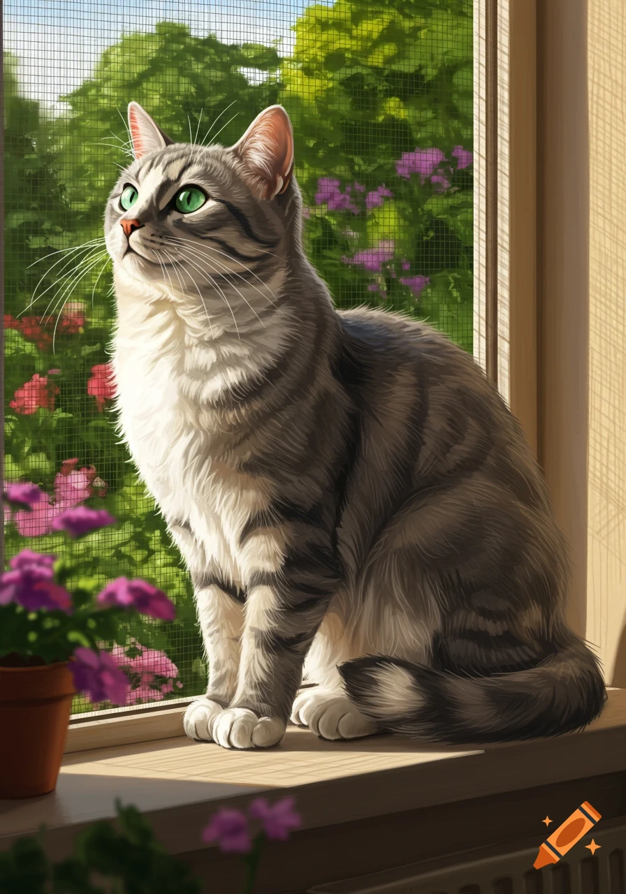 A grey and white tabby cat with bright green eyes sits on a sunny ...