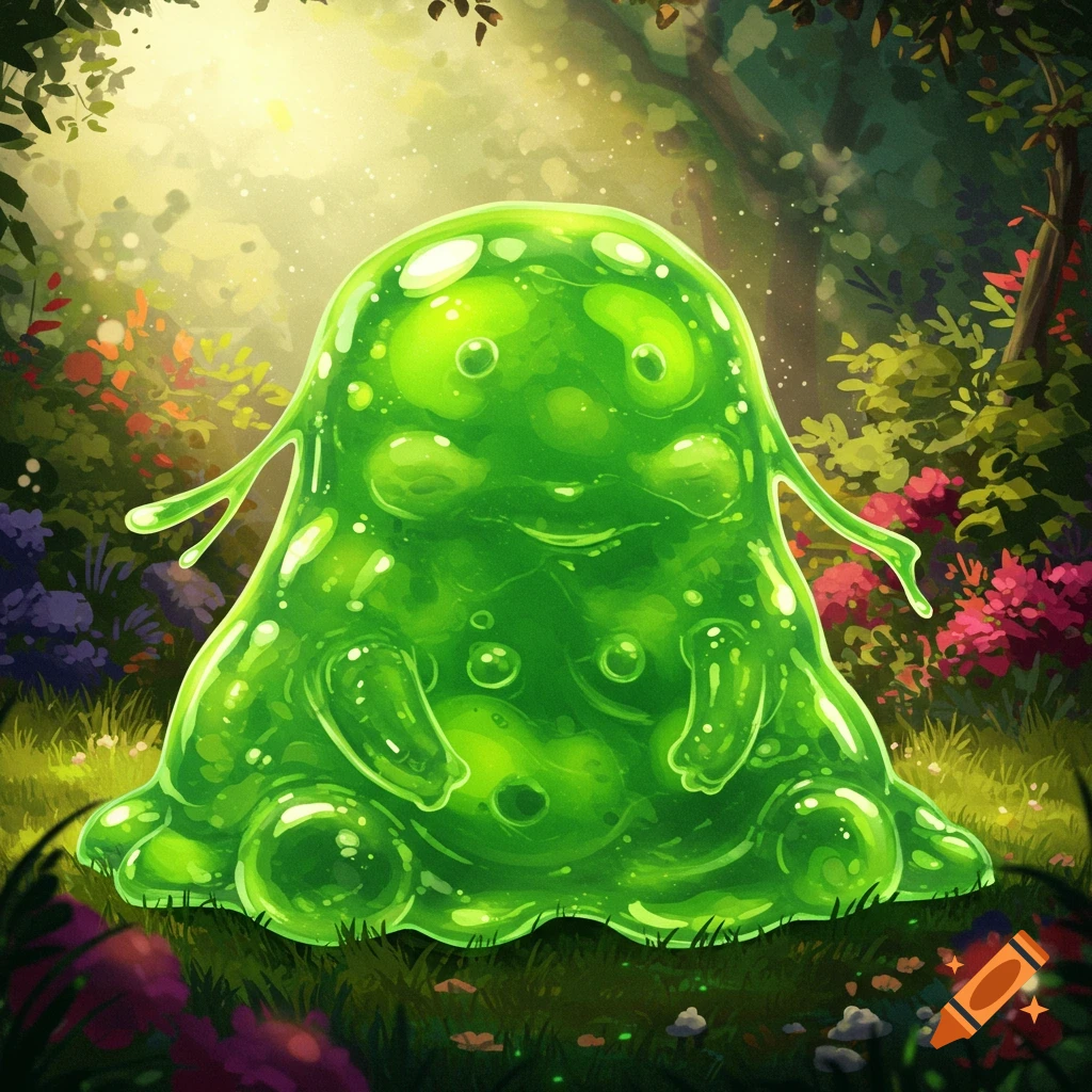 A vibrant green, glowing slime creature with cute eyes sits in a lush ...