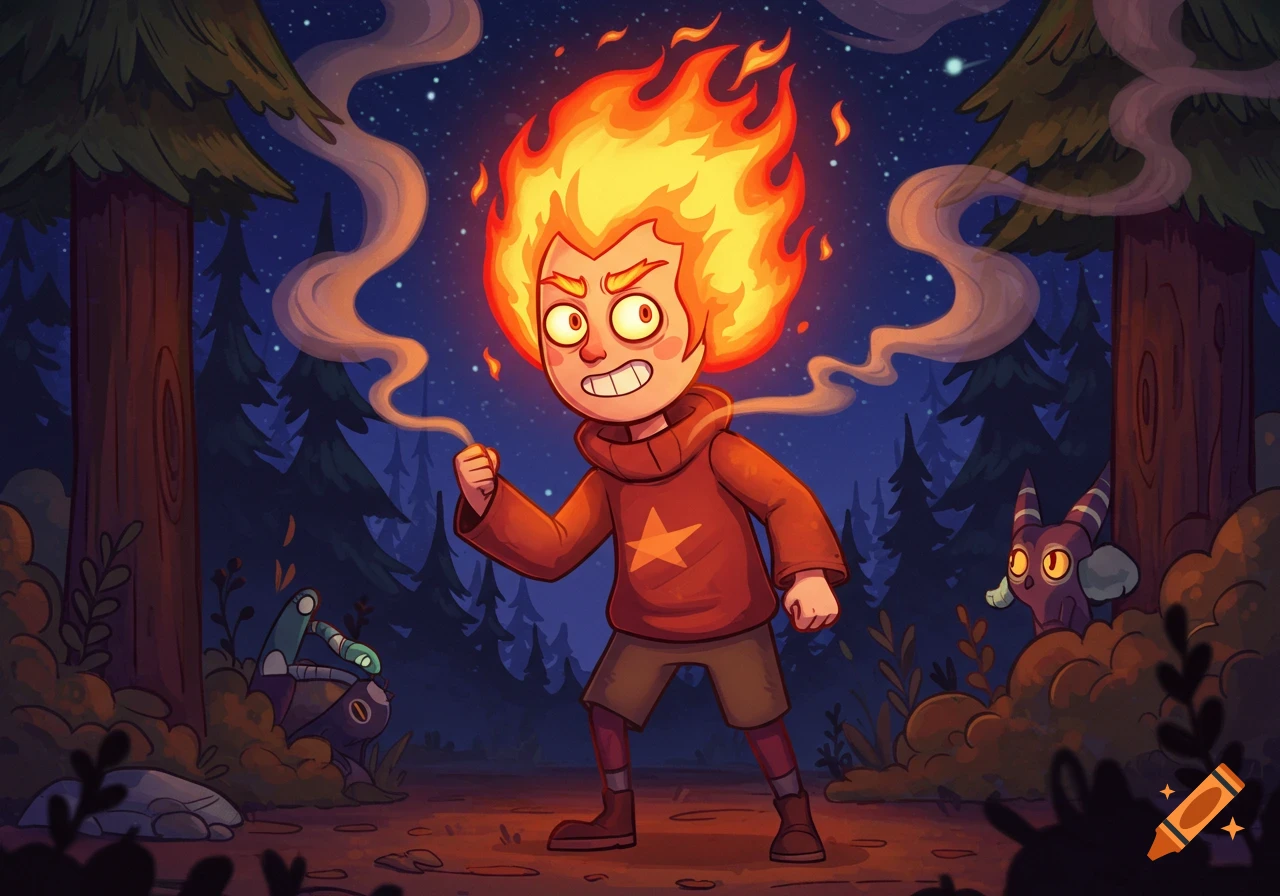 A cartoon character with fiery hair and glowing eyes stands defiantly ...
