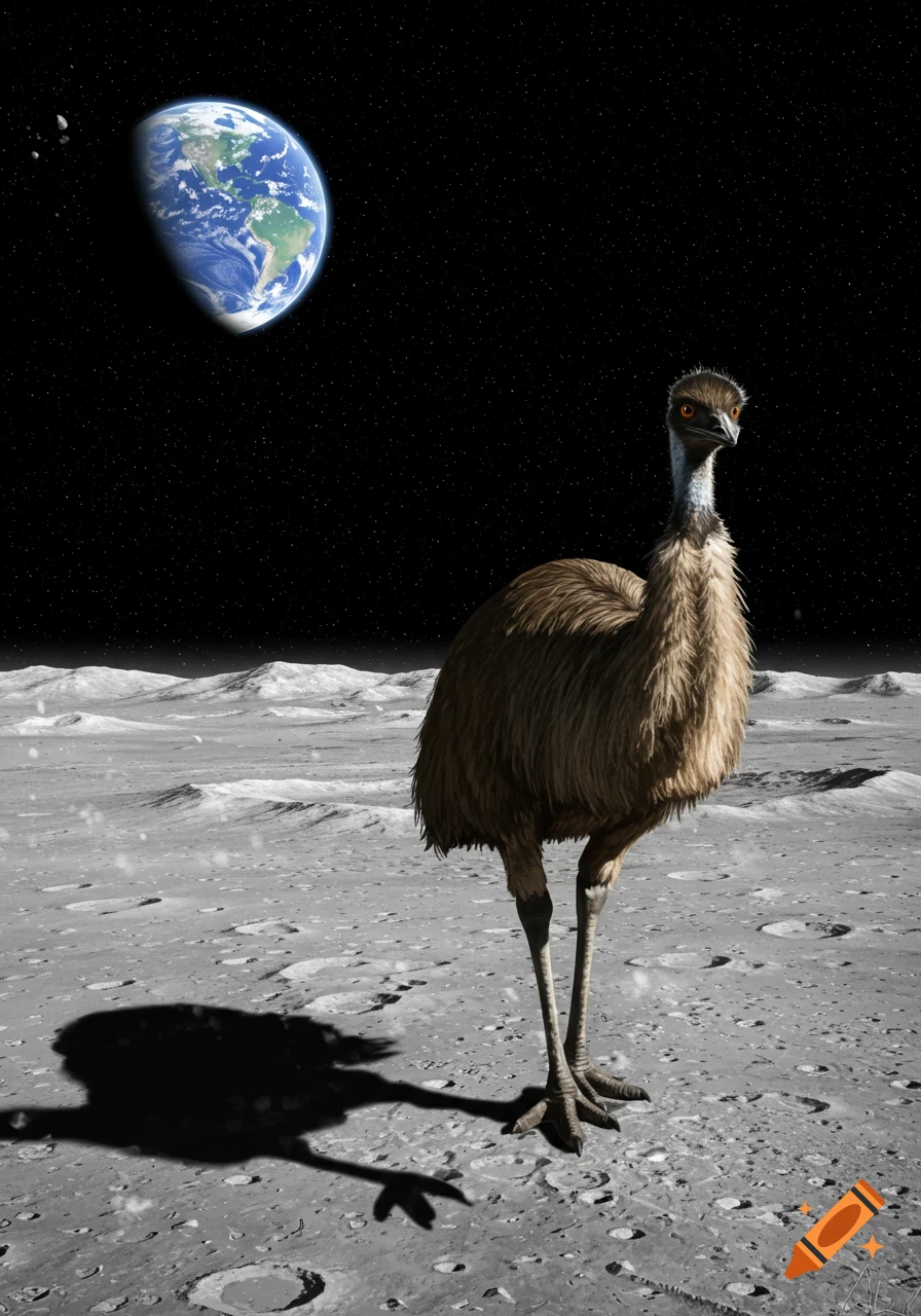 A realistic emu stands on the cratered surface of the moon, with Earth ...