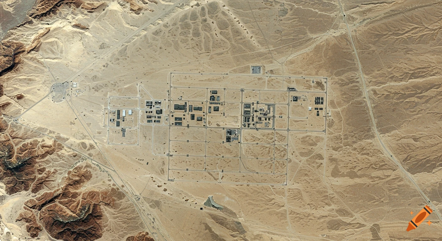 Photorealistic satellite view of a large military base within a vast ...