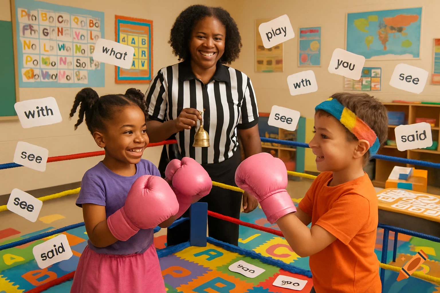 A friendly teacher in a referee shirt watches two smiling children in ...