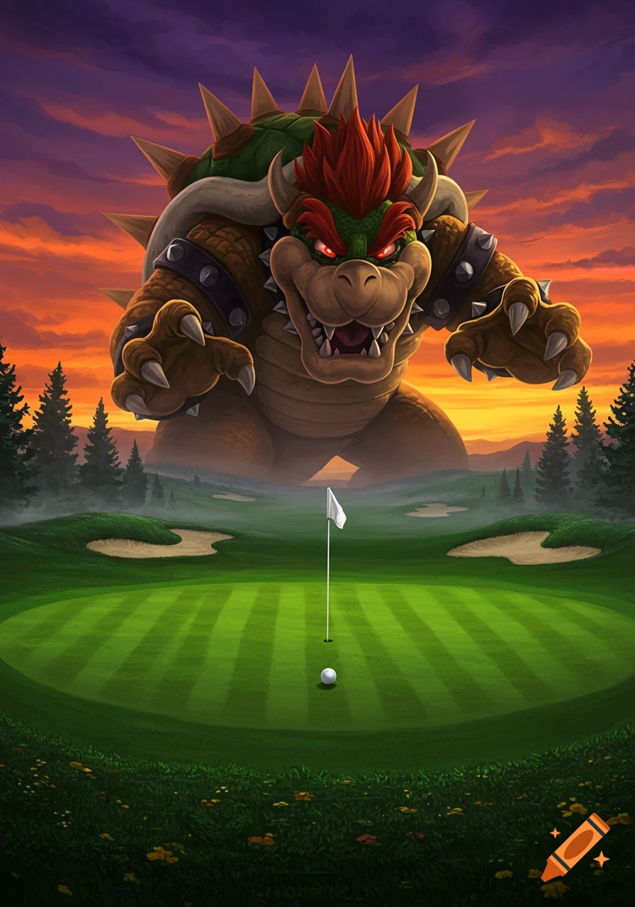 Giant, menacing Bowser with red eyes overlooks a golf course under a ...