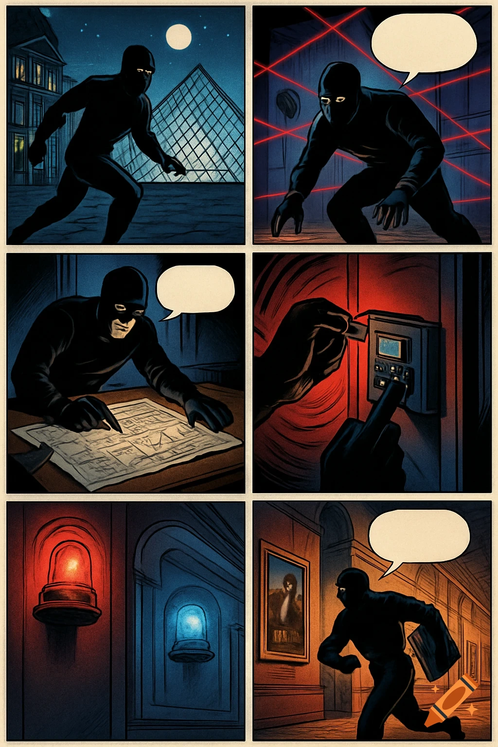 A 6-panel comic strip depicts a burglar at the Louvre Museum, featuring ...