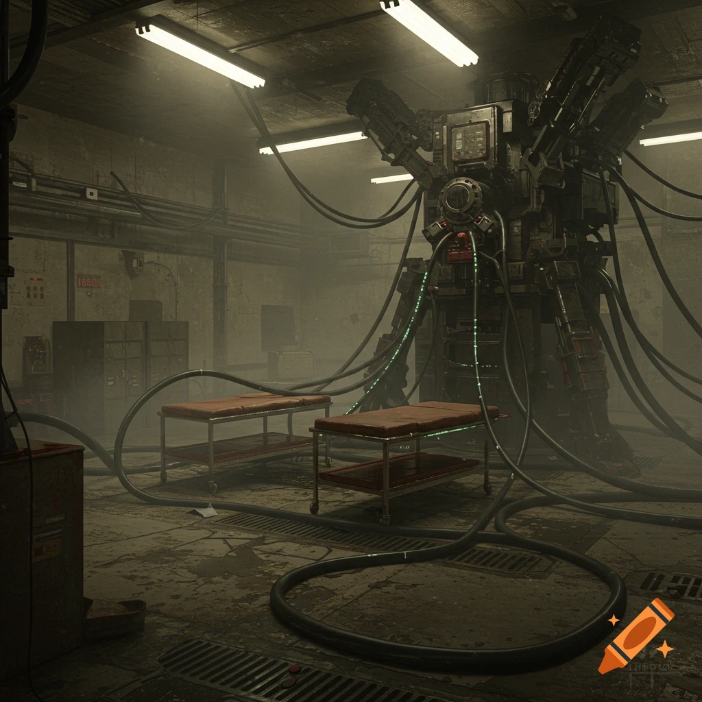 A large, ominous machine with numerous cables connected to it stands ...