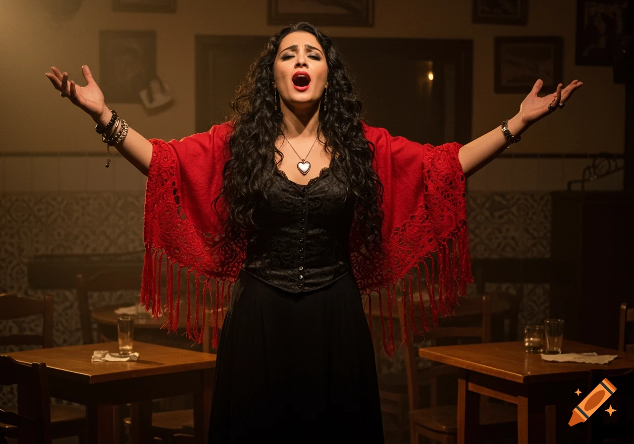 A dramatic shot of a fado singer with a red shawl and long black hair ...