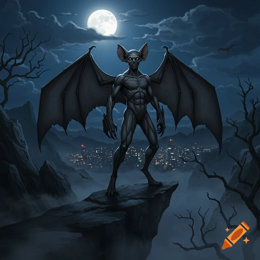 A muscular, grey humanoid bat creature with large wings stands on a ...