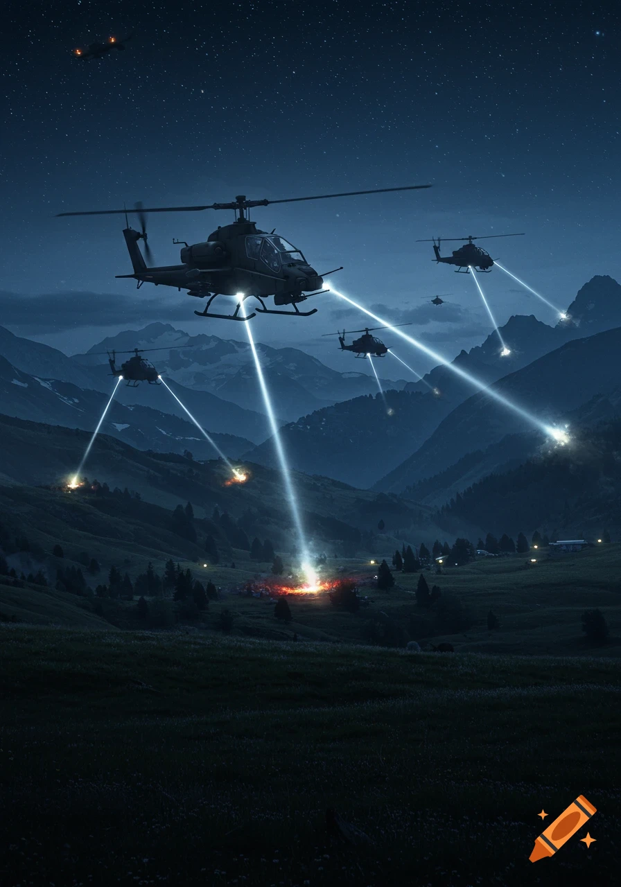 Multiple attack helicopters conduct a night strike over a mountainous ...