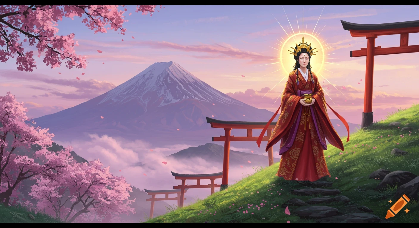 A divine Japanese goddess with a halo stands on a grassy hill ...