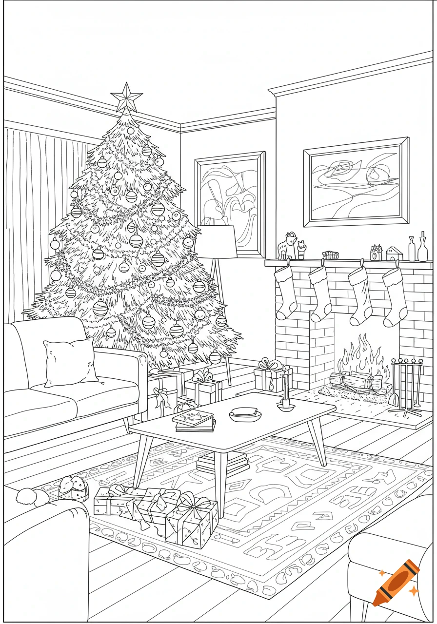 Black and white coloring page of a festive Christmas living room with a ...
