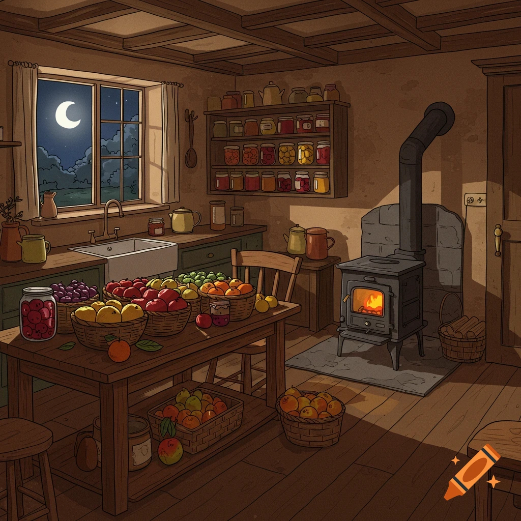 Cozy cartoon cottage kitchen at night, illuminated by moonlight and a ...