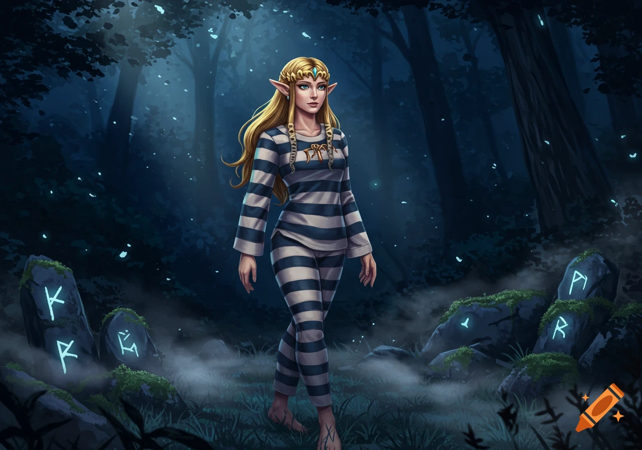 An elven woman resembling Zelda in a striped prison uniform walks ...
