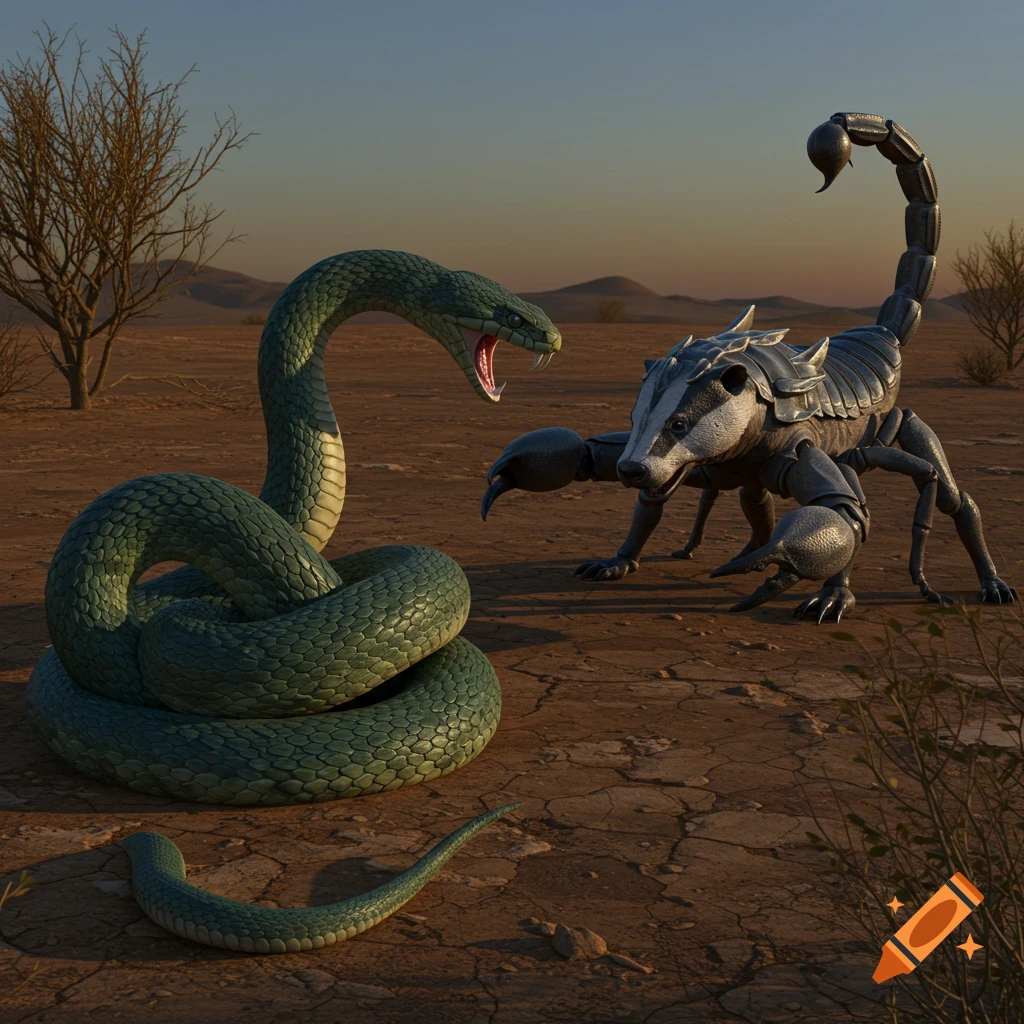 A green snake with an open mouth confronts a badger-scorpion hybrid in ...