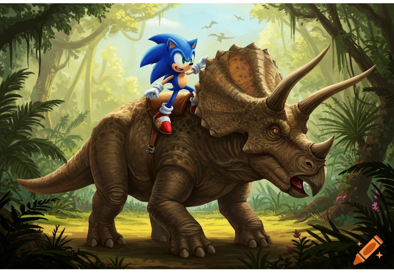 Sonic the Hedgehog rides a large brown Triceratops dinosaur through a ...