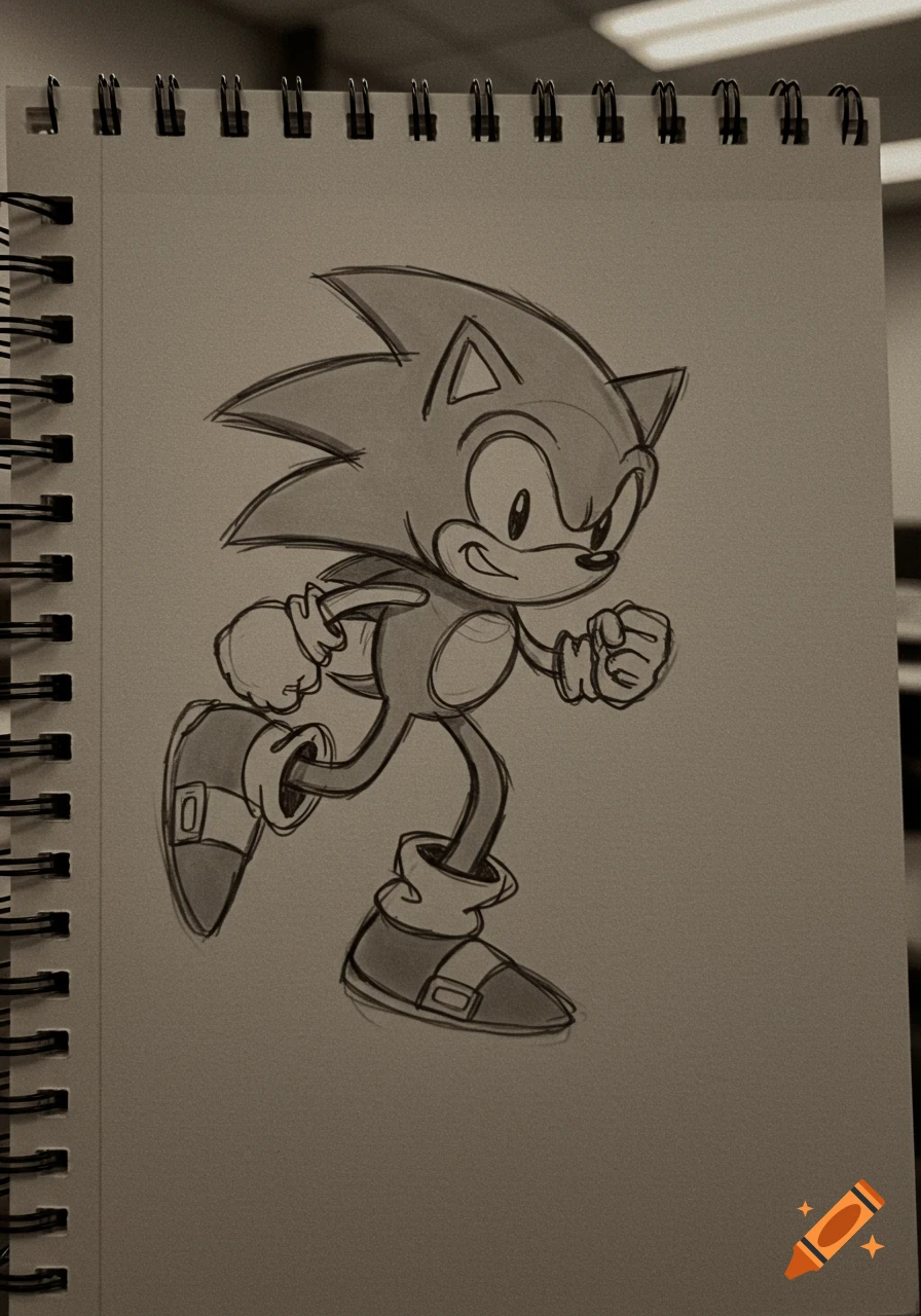 A low-quality photo of a sketch of Sonic The Hedgehog in a running pose ...