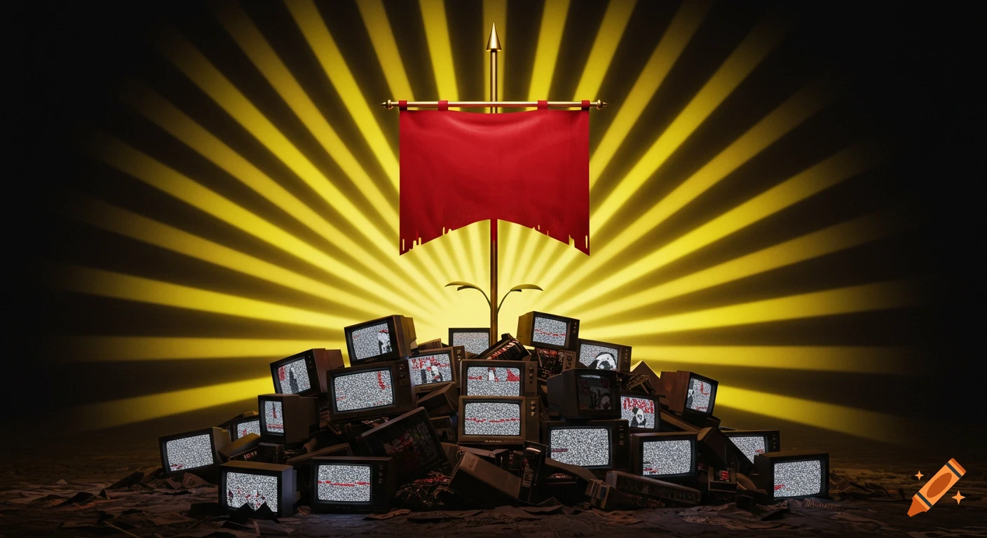 A red banner on a golden flagpole rises from a pile of old televisions ...