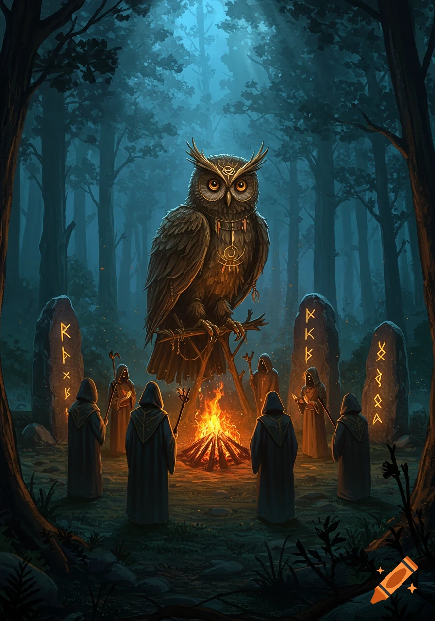 Giant ornate owl idol on a tripod over a bonfire, surrounded by hooded ...