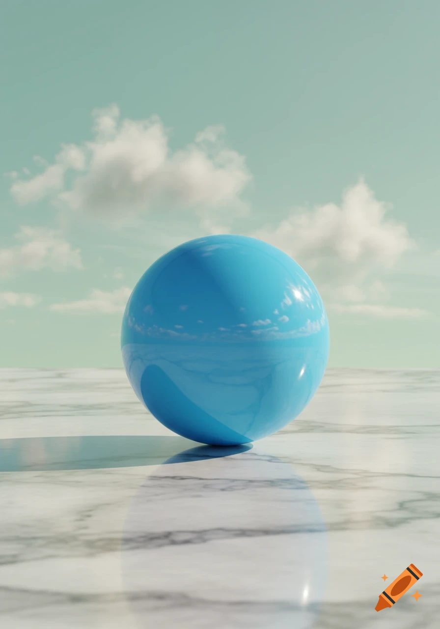 A glossy blue sphere sits on a reflective marble surface under a pale ...