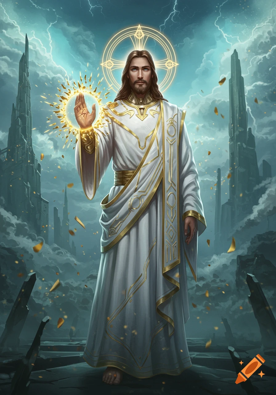 Jesus Christ as a heroic video game character, standing in white and ...
