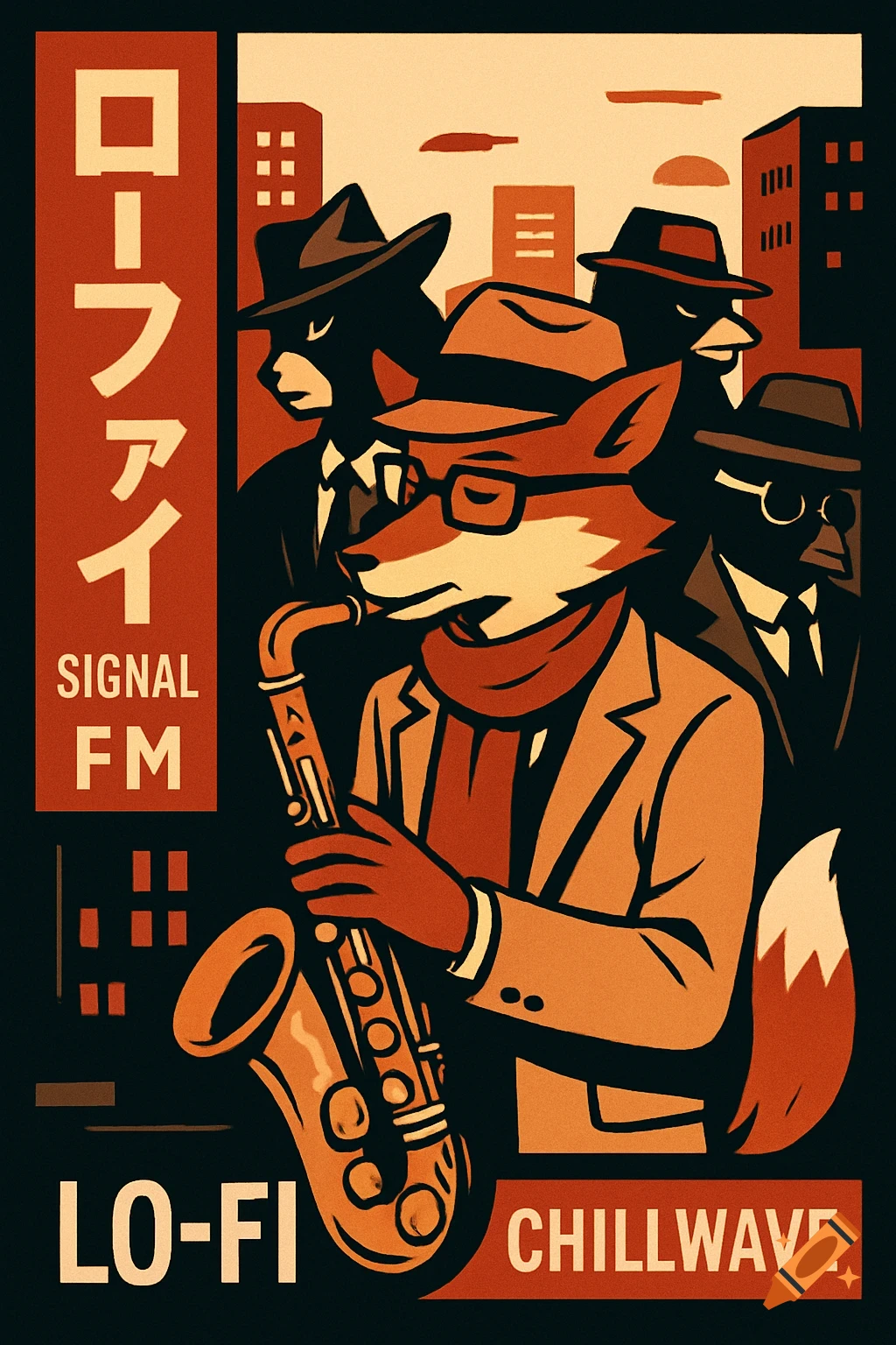 A fox in a suit and glasses plays a saxophone, surrounded by other ...