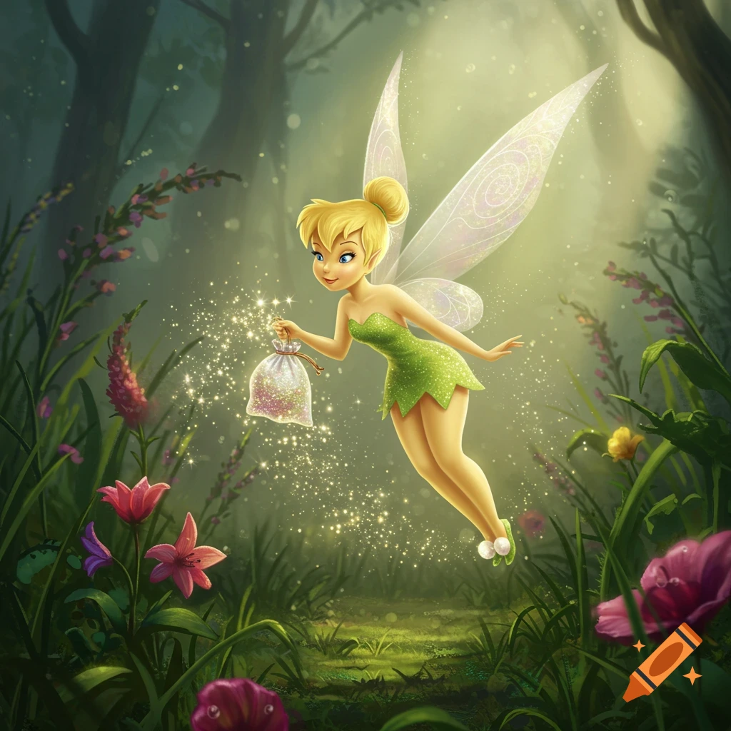 Tinkerbell, a blonde fairy in a green dress, floats in a magical forest, sprinkling sparkling ...