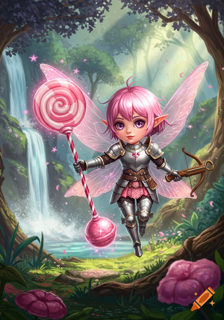 A cute pink-haired fairy paladin in gleaming armor, with a lollipop ...