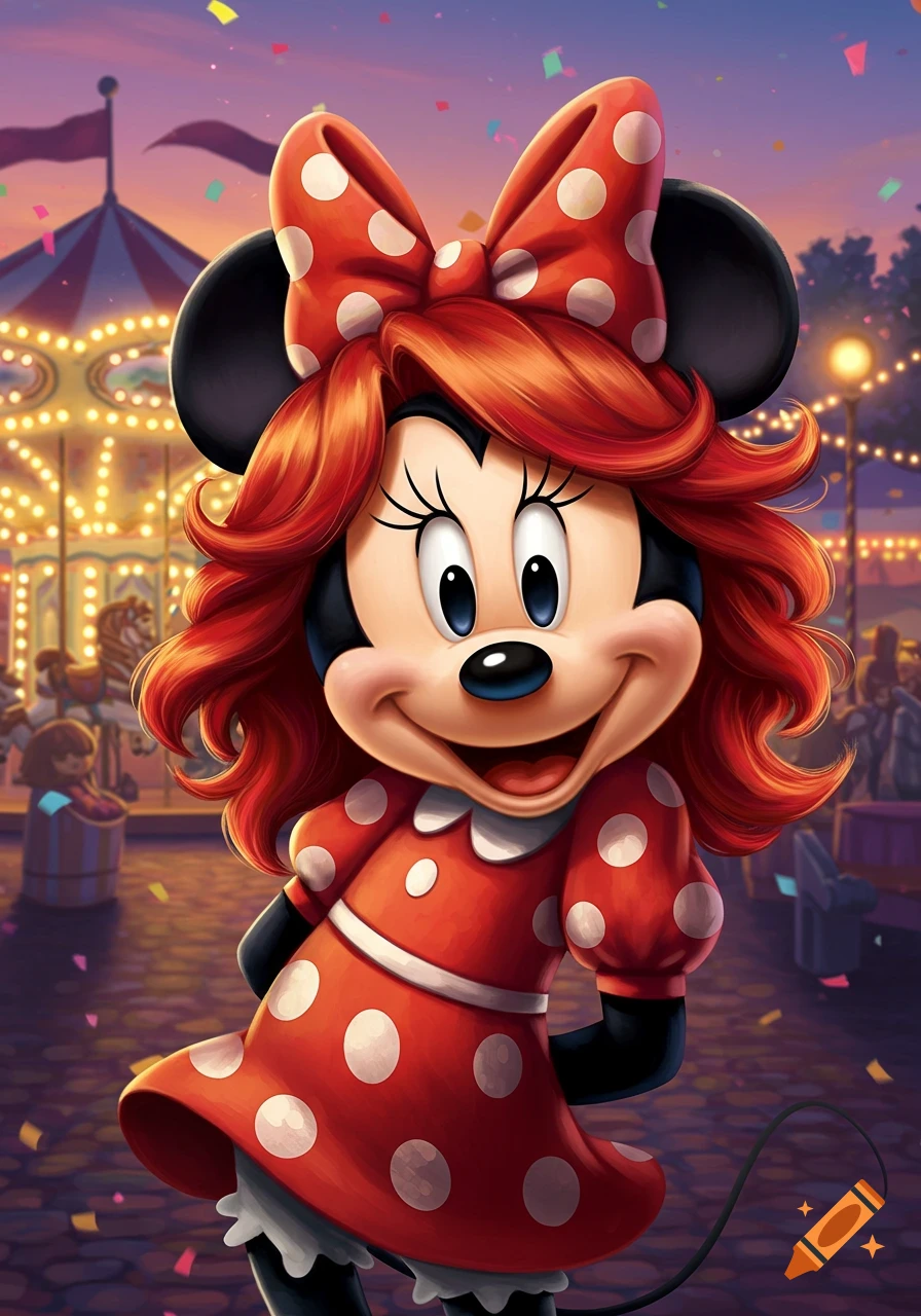Vibrant cartoon illustration of Minnie Mouse with red curly hair and a ...