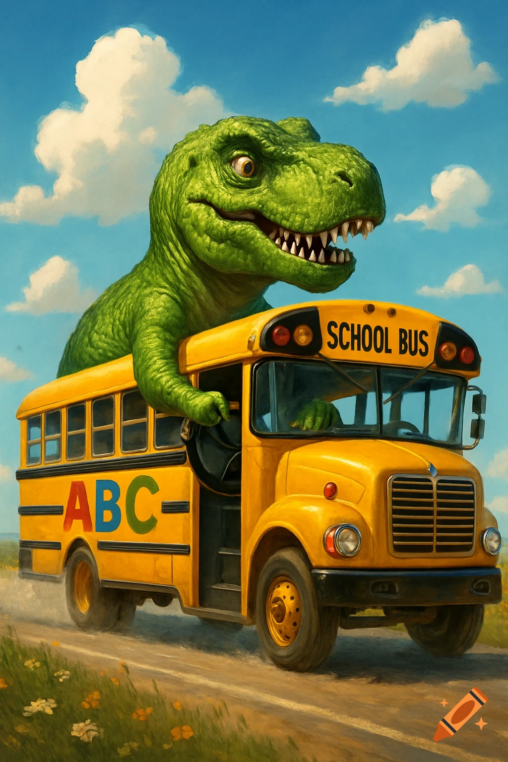 A vibrant green cartoon T-Rex drives a yellow school bus with 'SCHOOL ...